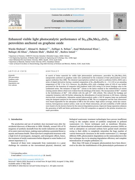 Pdf Enhanced Visible Light Photocatalytic Performance Of Bandgap Engineered Sr 03bamn 0