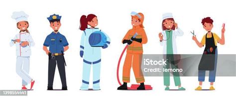 어린이 직업 요리사 경찰관 우주 비행사 소방관 의사 미용사 캐릭터 아이들은 직업을 선택합니다 소녀에 대한 스톡 벡터 아트 및 기타 이미지 Istock