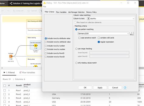 using knime row filter to select 2 text values in a column knime