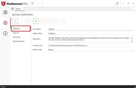Firedaemon Pro Users Guide Edit Windows System Service General Tab