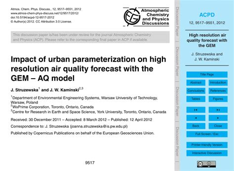 Pdf Impact Of Urban Parameterization On High Resolution Air Quality