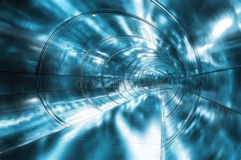 Cylindrical Metallic Tunnel Reflecting Blue Light In An Abstract Futuristic Environment Stock