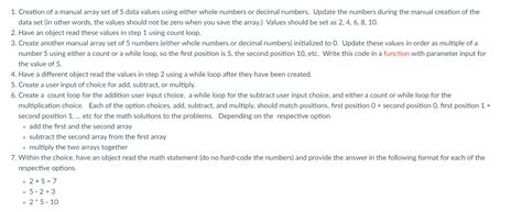 Solved Creation Of A Manual Array Set Of Data Values Chegg
