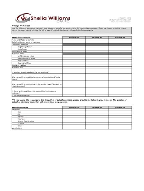 Fillable Online Mileage Worksheet Fax Email Print Pdffiller
