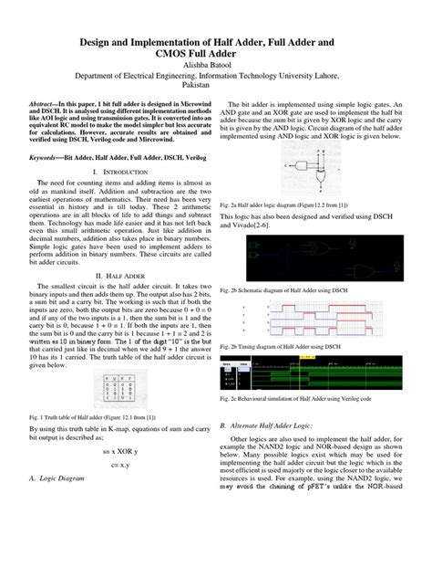 design and implementation of half adder full adder and cmos full adder
