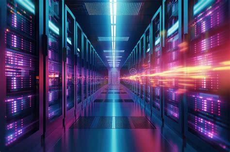 Data Center Room With Bright Speed Lights And Neon Accents Servers And Computer Systems In A