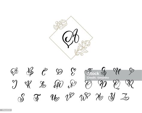 손으로 쓴 심장 서예 모노그램 알파벳 풍성한 심장 글꼴과 발렌타인 필기체 글꼴 귀여운 고립 된 편지입니다 엽서 또는 포스터 장식 그래픽 디자인용 모노그램에 대한 스톡 벡터