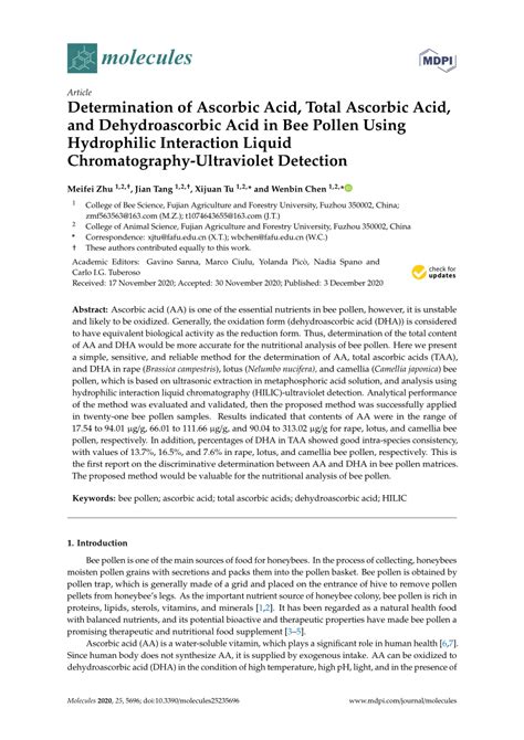 Pdf Determination Of Ascorbic Acid Total Ascorbic Acid And Dehydroascorbic Acid In Bee