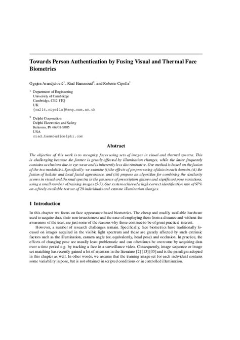 Pdf Towards Person Authentication By Fusing Visual And Thermal Face Biometrics