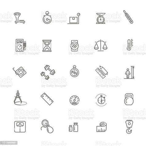 관련 웹 아이콘 세트 측정 윤곽선 아이콘 세트 벡터 가는 선 아이콘 컬렉션 무게에 대한 스톡 벡터 아트 및 기타 이미지 무게 질량 길이 Istock