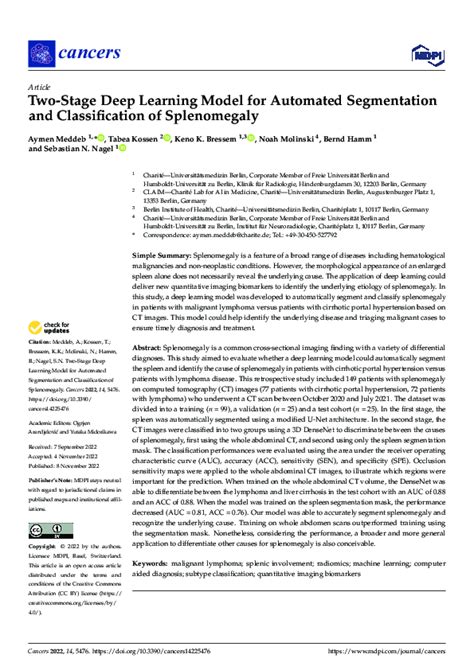 Pdf Two Stage Deep Learning Model For Automated Segmentation And Classification Of Splenomegaly