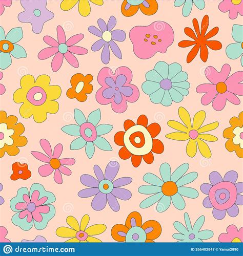 Groovy Flower Retro Seamless Pattern Psychedelic Doodle Wavy Daisy Background In Trendy 1970s
