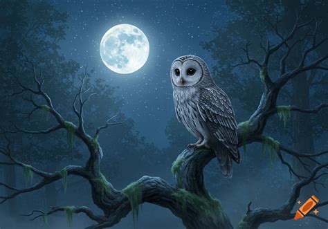 A Barred Owl Perched On A Tree Branch At Night Illuminated By A Large