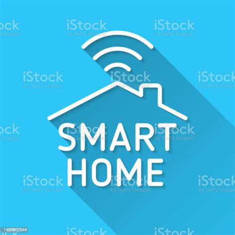스마트 홈 파란색 배경에 아이콘 긴 그림자가 있는 평면 디자인 3차원 형태에 대한 스톡 벡터 아트 및 기타 이미지 3차원