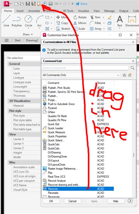 How To Add Recover Command And Icon In Quick Asscess Bar Autodesk Community