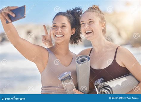 Woman Friends And Phone Selfie In Yoga With Smile For Healthy Exercise