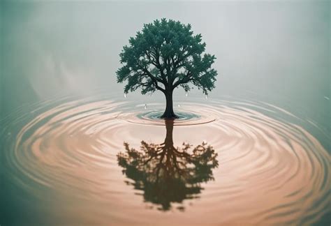 A Tree Is Standing In The Water With The Reflection Of A Tree In The Water Premium AI