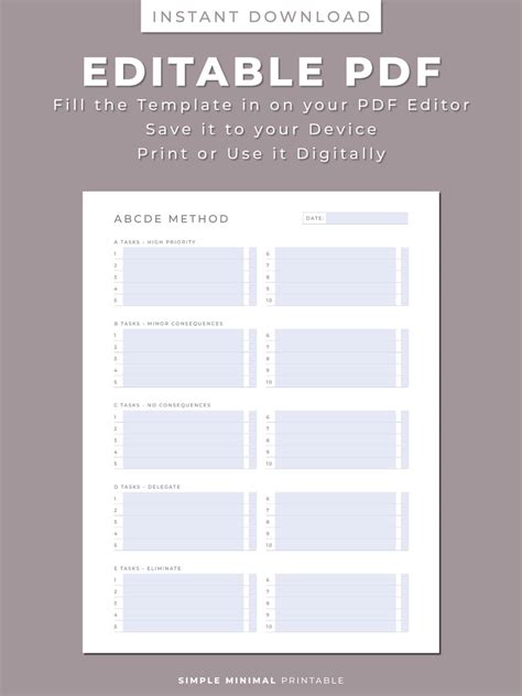 Abcde Method Productivity Printable Task List Lettera4 Pdf Etsy