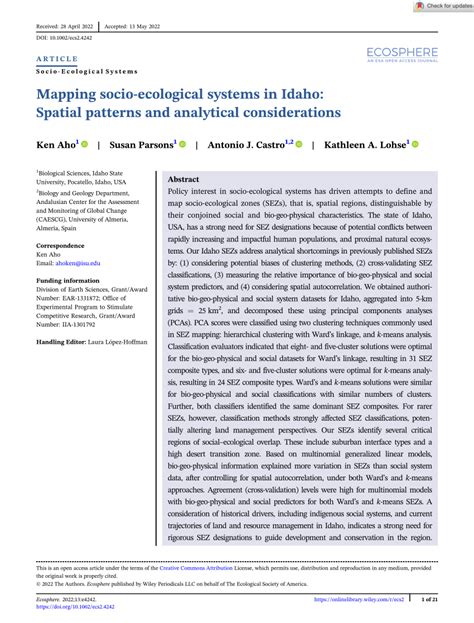 Pdf Mapping Socio‐ecological Systems In Idaho Spatial Patterns And