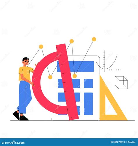 Male Character With Calculator And Geometric Tools In Flat Vector