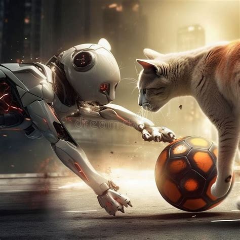 Two White And Orange Cats Playing With A Soccer Ball On The Floor Stock Illustration