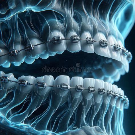 Closeup Of Teeth With Metal Braces And Clear Elastic Bands Stock Image