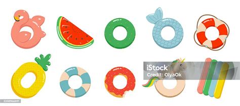 고무 풍선 수영 반지 세트 인명 구조원 도넛 수박 물과 해변 또는 여행 안전을 위한 플라밍고 장난감 인명 구조 떠 다니는 구명 부표 구조 반지 평면도 만화 벡터 일러스트