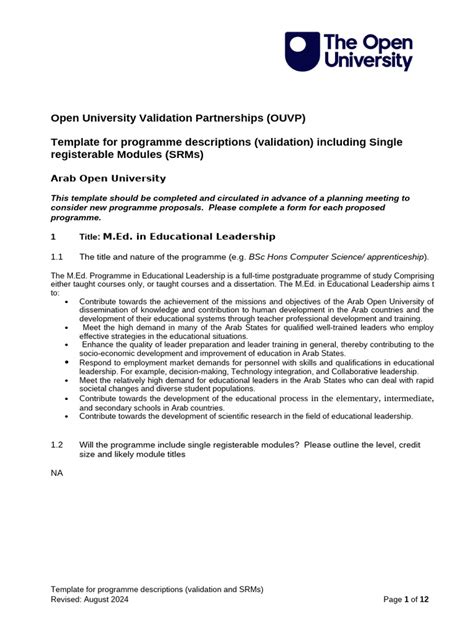 Programme Description Template Validation And Srms Pdf Thesis Leadership