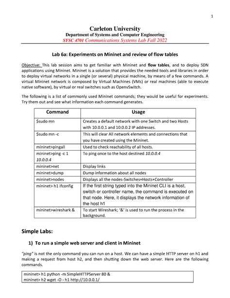 Lab6a F22 Flow Table This Is The Lab 6a Instruction Mininet H1