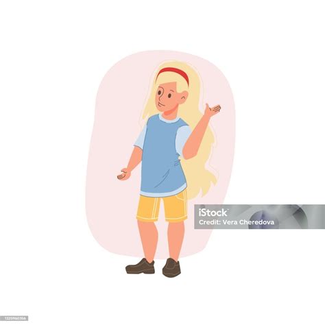 플랫 만화 키드 캐릭터 인사말 벡터 일러스트 레이션 개념 디자인에 대한 스톡 벡터 아트 및 기타 이미지 디자인 만화 벡터