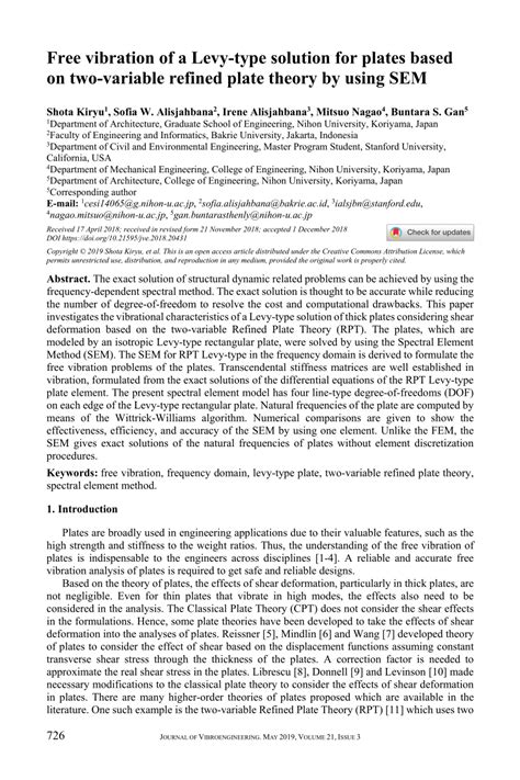Pdf Free Vibration Of A Levy Type Solution For Plates Based On Two Variable Refined Plate