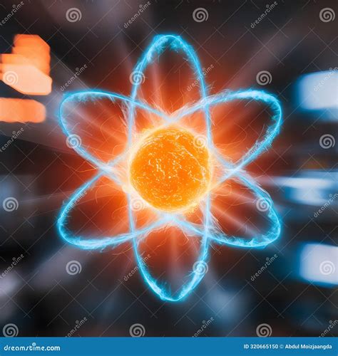 Dynamic Atomic Structure Pulsating In Orange And Blue Against Blurred Backdrop Stock