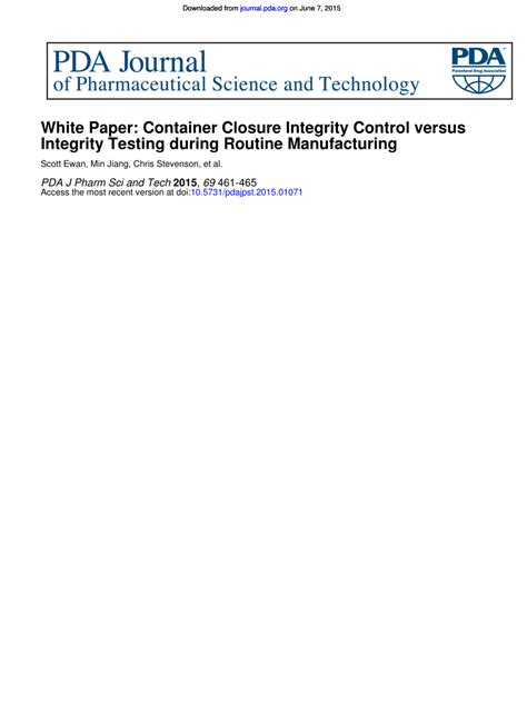 Pdf White Paper Container Closure Integrity Control Versus In Test