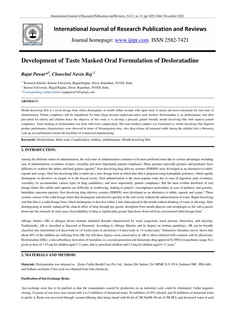 Pdf Development Of Taste Masked Oral Formulation Of Desloratadine