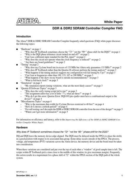 Altera Whitepaper Ddr And Ddr2 Sdram Controller Compiler Faq Pdf Field Programmable Gate