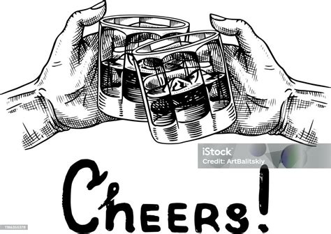 건배 손에 위스키 한 잔 빈티지 아메리칸 배지입니다 서예 요소가있는 알코올 라벨 강한 음료 포스터 배너 또는 티셔츠용 손으로 그린 스케치 축배에 대한 스톡 벡터 아트 및
