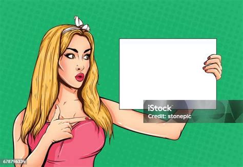 팝 아트 빈티지 광고 포스터 만화 소녀 연설 거품 예쁜 여자는 쪽을 가리키는 1950 1959 년에 대한 스톡 벡터 아트 및 기타 이미지 1950 1959 년 1960