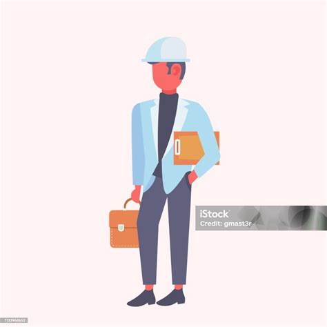 헬멧 남성 개발자 상자 문자 전체 길이 플랫에 클립 보드와 서류 가방 비즈니스 남자 건설 엔지니어 지주 사업가 건축가 개념에 대한 스톡 벡터 아트 및 기타 이미지 Istock