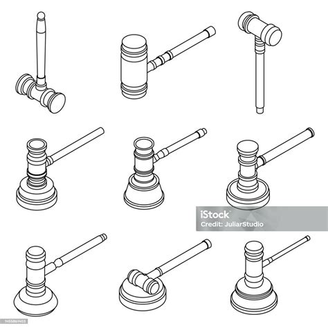 Judge Hammer Icons Set Vector Outine Stock Illustration - Download Image Now - Courthouse ...