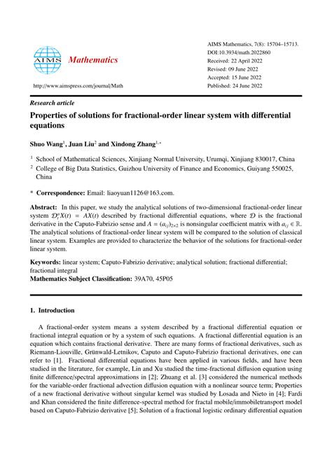 Pdf Properties Of Solutions For Fractional Order Linear System With Differential Equations