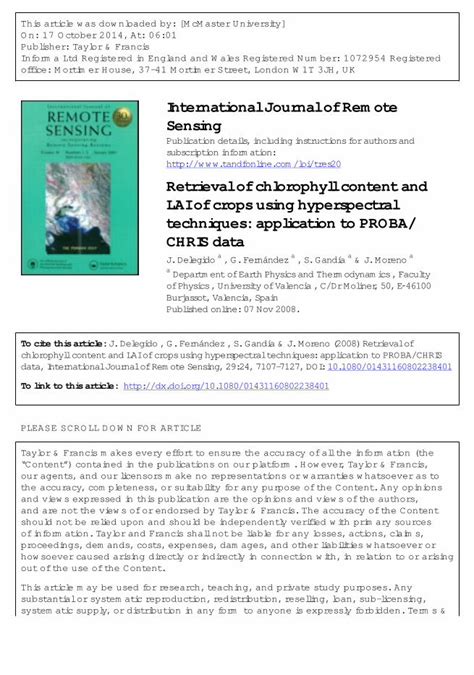 Pdf Retrieval Of Chlorophyll Content And Lai Of Crops Using