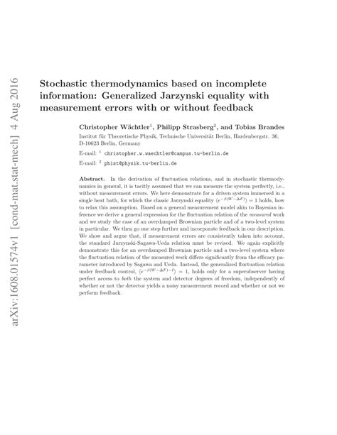 Pdf Stochastic Thermodynamics Based On Incomplete Information Generalized Jarzynski Equality
