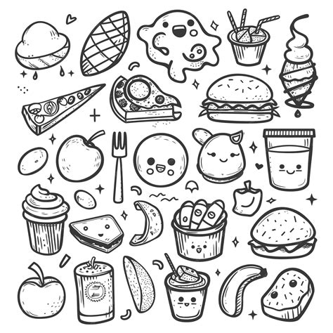 Hand Drawn Cute Object Kawaii Doodle Collection Set With Engraving