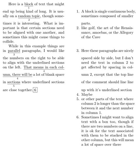 enumerate alignment of text in two columns forcing empty lines in
