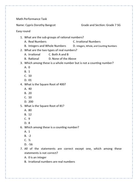 Math Performance Task Pdf Numbers Real Number