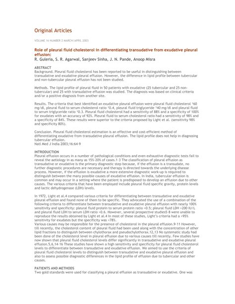 Pdf Role Of Pleural Fluid Cholesterol In Differentiating Transudative