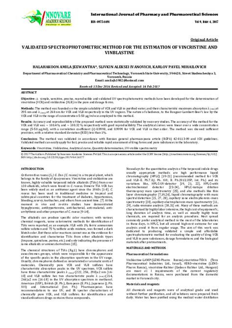 Pdf Validated Spectrophotometric Method For The Estimation Of Vincristine And Vinblastine