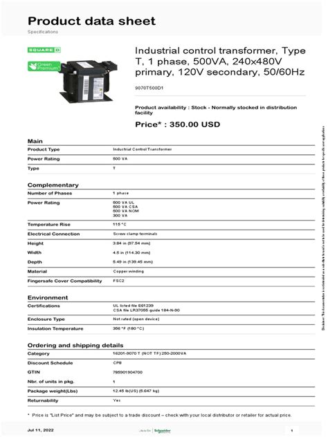 Product Data Sheet For Industrial Control Transformer Type T 1 Phase