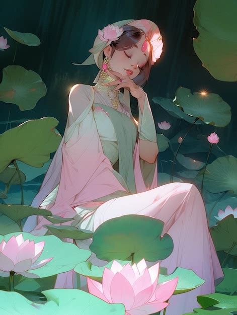 Premium Photo There Is A Woman Sitting On A Lotus Flower In A Pond
