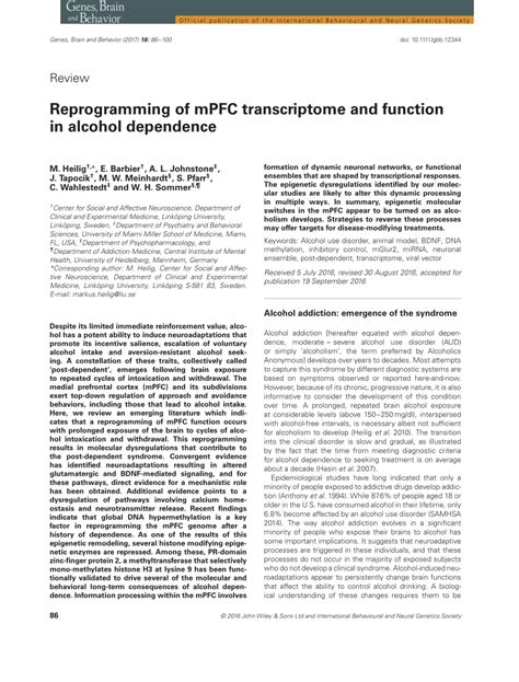 Pdf Reprogramming Of Mpfc Transcriptome And Function In Alcohol Dependence